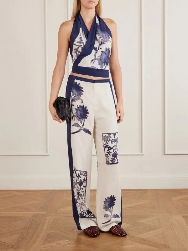 SIR. Phillipa Printed Silk-blend Halter Tank - Blue