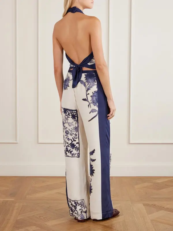 SIR. Phillipa Printed Silk-blend Halter Tank - Blue