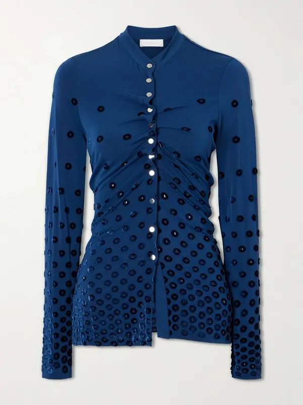 Rabanne Gathered Flocked Jersey Blouse - Navy