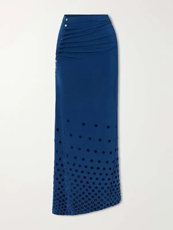 Rabanne Gathered Flocked Jersey Maxi Skirt