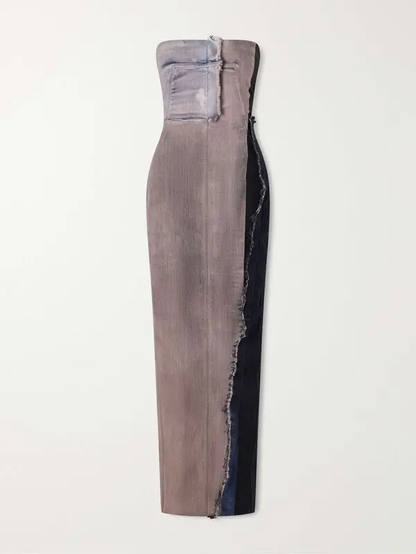 Rick Owens Distressed Paneled Stretch-denim Maxi Dress
