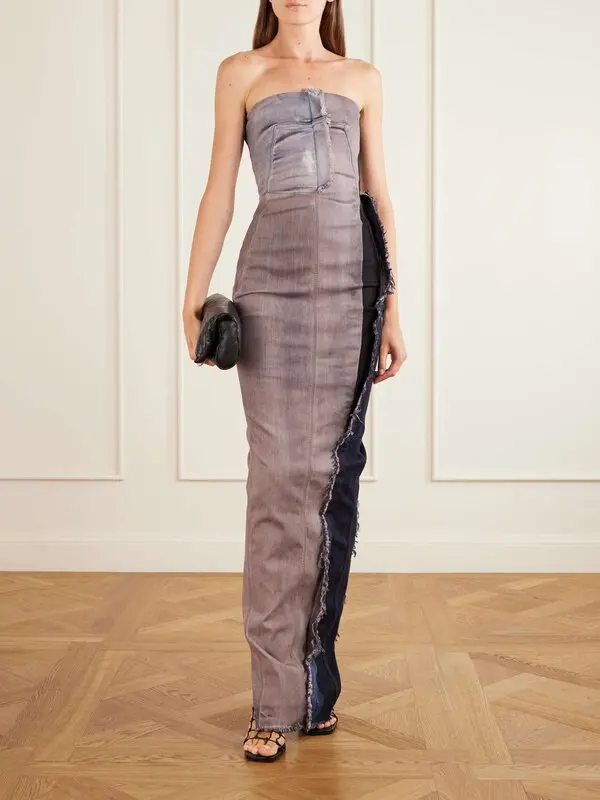 Rick Owens Distressed Paneled Stretch-denim Maxi Dress