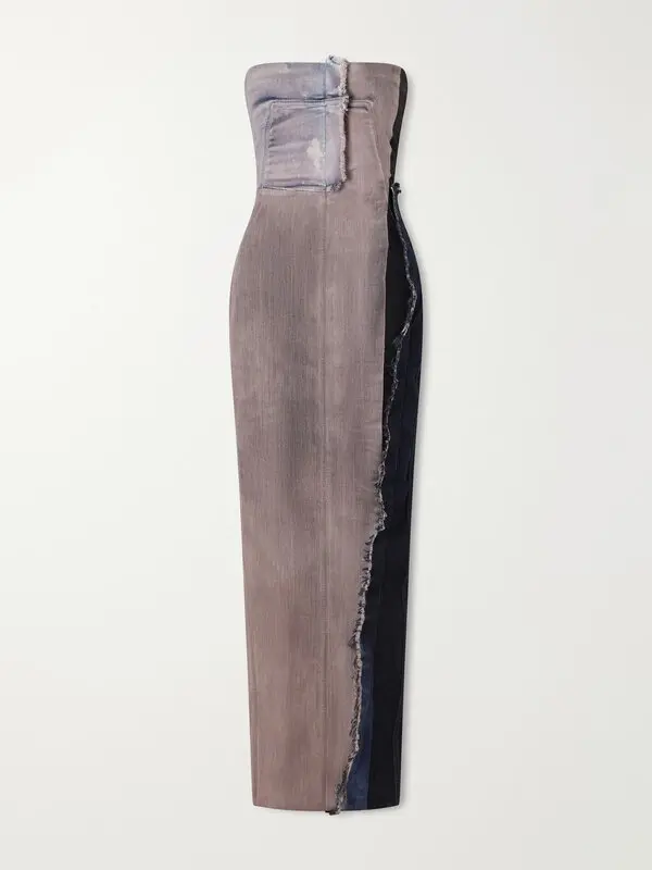 Rick Owens Distressed Paneled Stretch-denim Maxi Dress - Gray