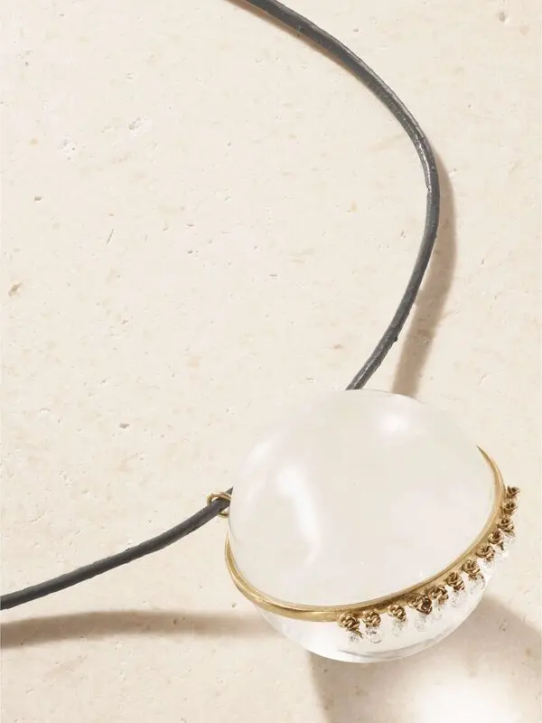 Marisa Klass Leandra Medine Cohen 18-karat Gold, Quartz, Diamond And Leather Necklace - Clear
