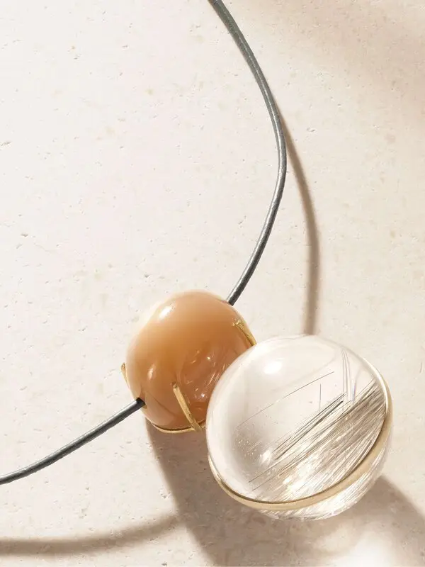 Marisa Klass 18-karat Gold, Moonstone, Rutilated Quartz And Leather Necklace - Cream