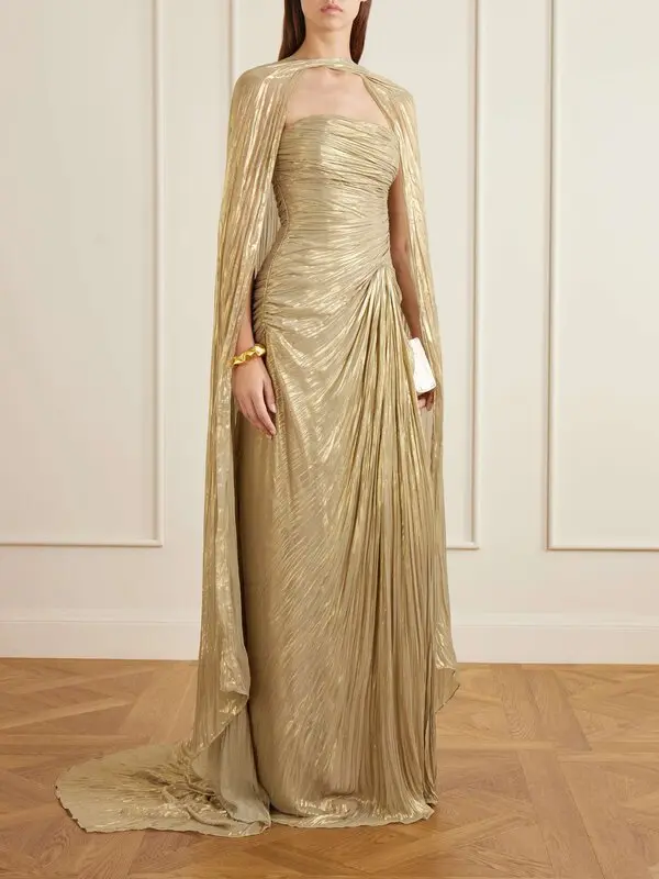 MARMAR HALIM Cape-effect Plissé Metallic-satin Gown
