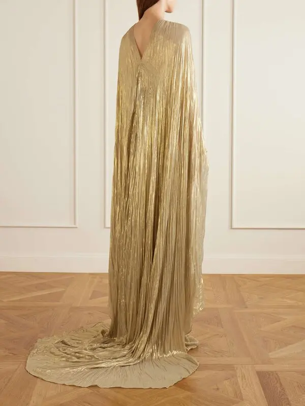 MARMAR HALIM Cape-effect Plissé Metallic-satin Gown