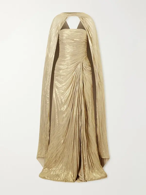 MARMAR HALIM Cape-effect Plissé Metallic-satin Gown - Gold