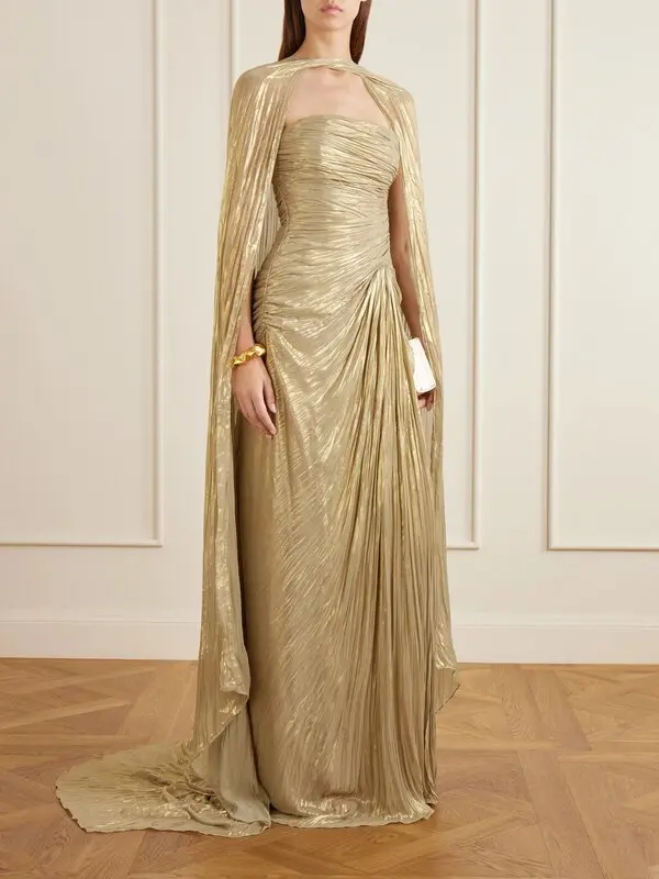 MARMAR HALIM Cape-effect Plissé Metallic-satin Gown - Gold