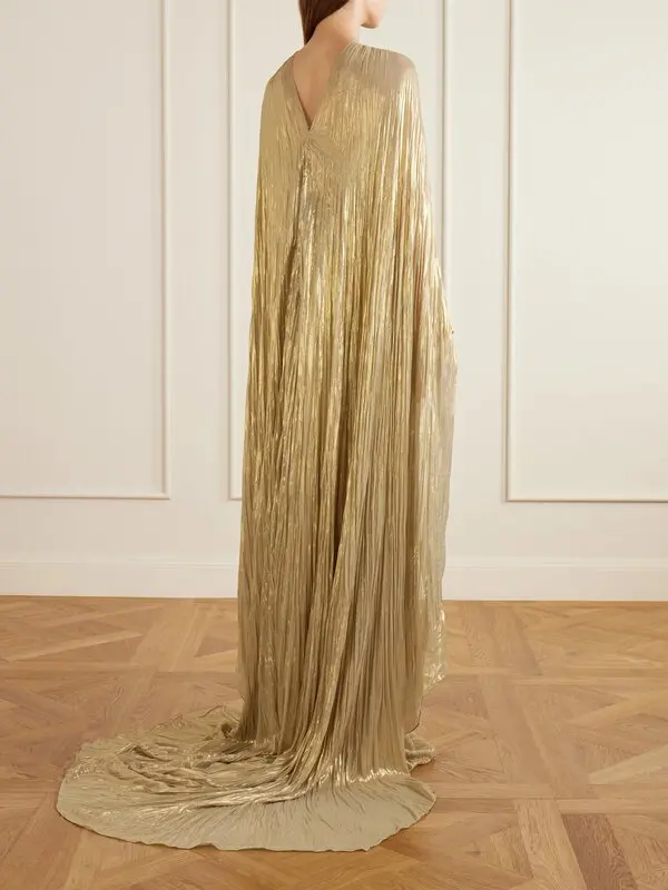 MARMAR HALIM Cape-effect Plissé Metallic-satin Gown - Gold