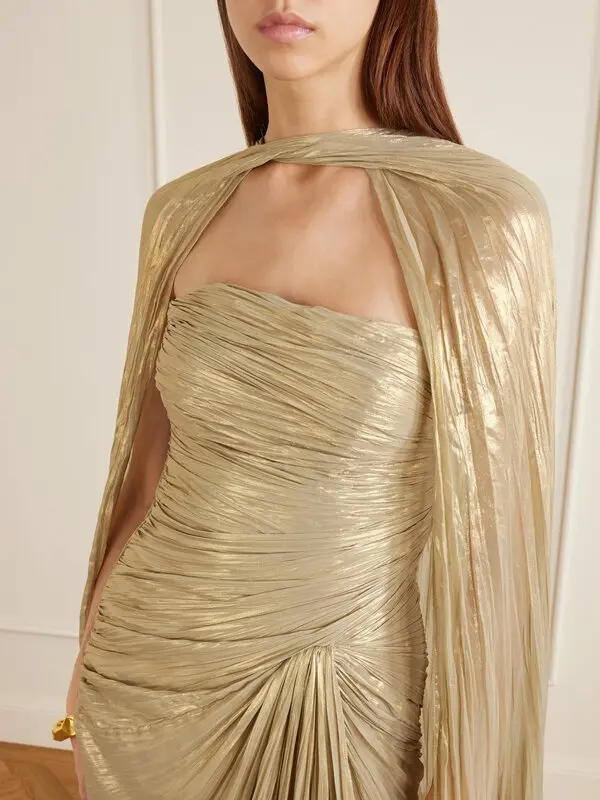 MARMAR HALIM Cape-effect Plissé Metallic-satin Gown - Gold