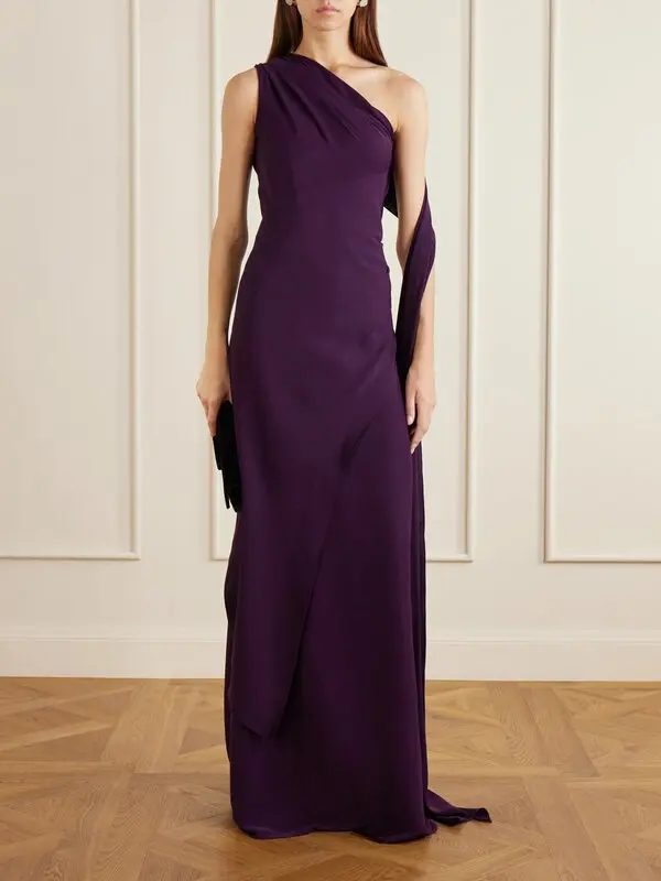 MARMAR HALIM One-shoulder Satin Gown With Trailing Scarf Detail