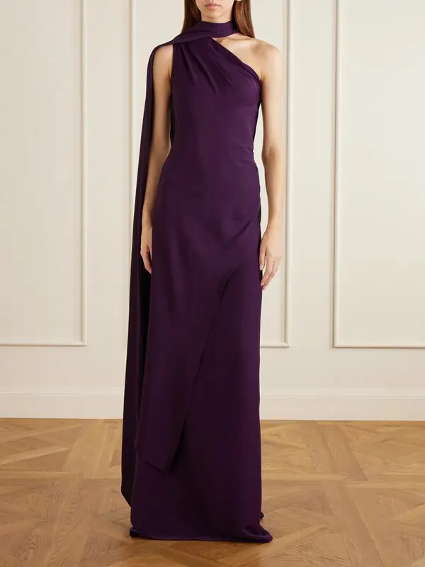 MARMAR HALIM One-shoulder Satin Gown With Trailing Scarf Detail