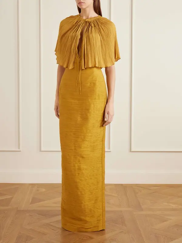 MARMAR HALIM Cape-effect Plissé Satin Gown
