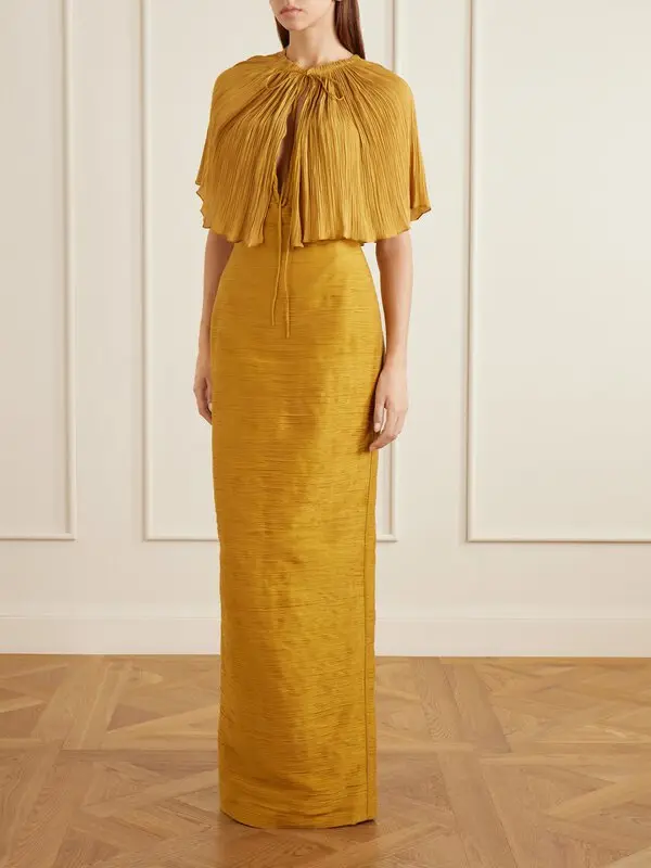 MARMAR HALIM Cape Effect Plissé Satin Gown