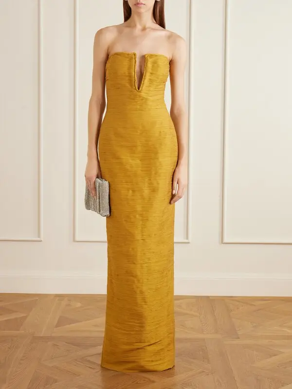 MARMAR HALIM Cape Effect Plissé Satin Gown