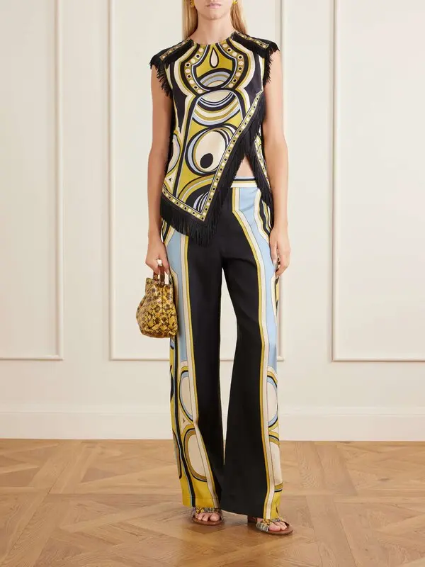 La DoubleJ Fringed Asymmetric Printed Silk-twill Top