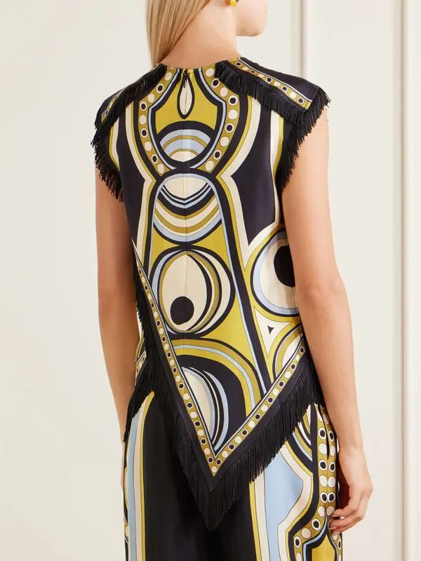 La DoubleJ Fringed Asymmetric Printed Silk-twill Top