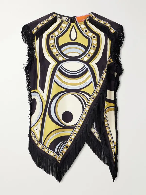 La DoubleJ Asymmetric Printed Silk-twill Top With Fringe - Black