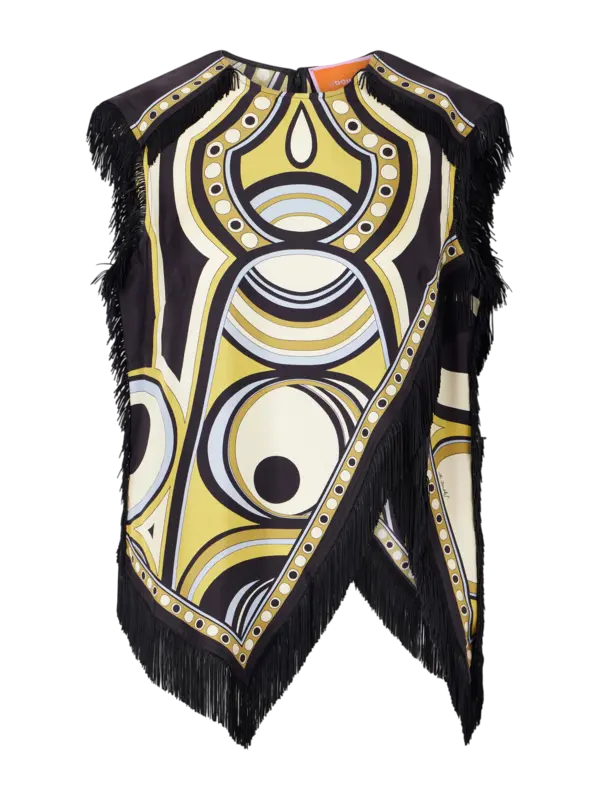 La DoubleJ Asymmetric Fringed Printed Silk Twill Top - Black