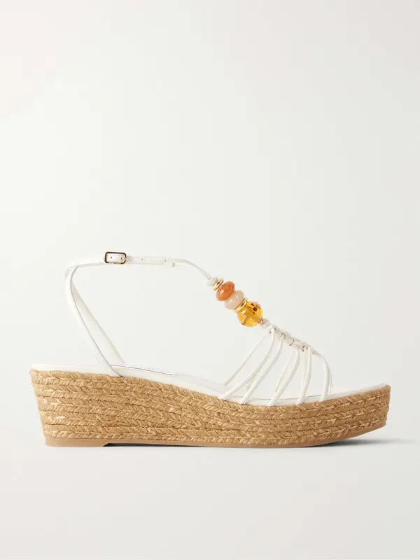 JIMMY CHOO Lemi 50 Bead-embellished Leather Wedge Sandals - Ivory