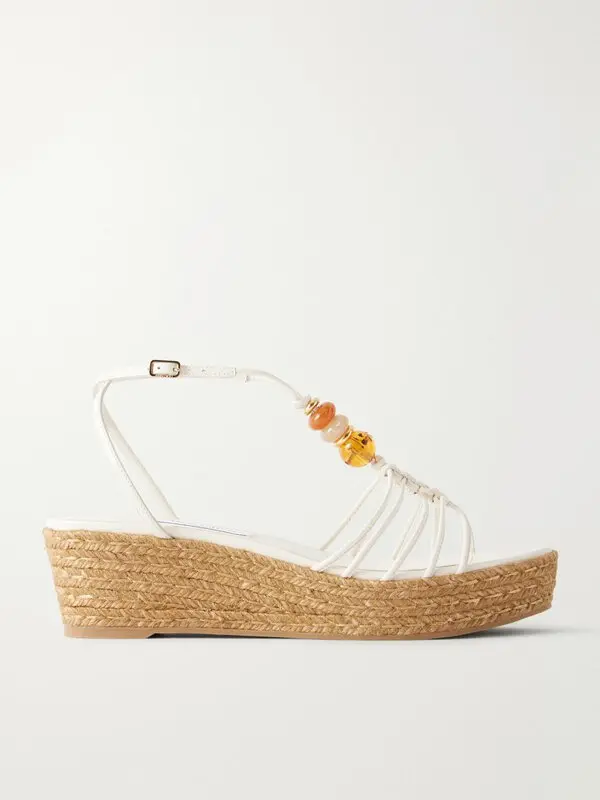 JIMMY CHOO Lemi 50 Bead-embellished Leather Wedge Sandals - Neutrals