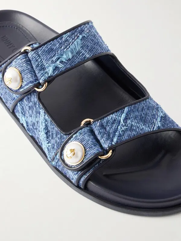 JIMMY CHOO Fayence Embellished Frayed Denim Sandals - Blue