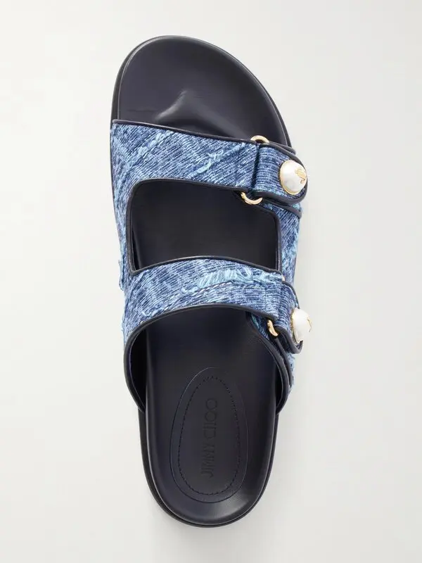 JIMMY CHOO Fayence Embellished Frayed Denim Sandals - Blue