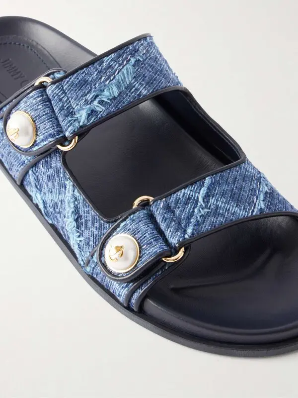 JIMMY CHOO Fayence Embellished Frayed Denim Sandals