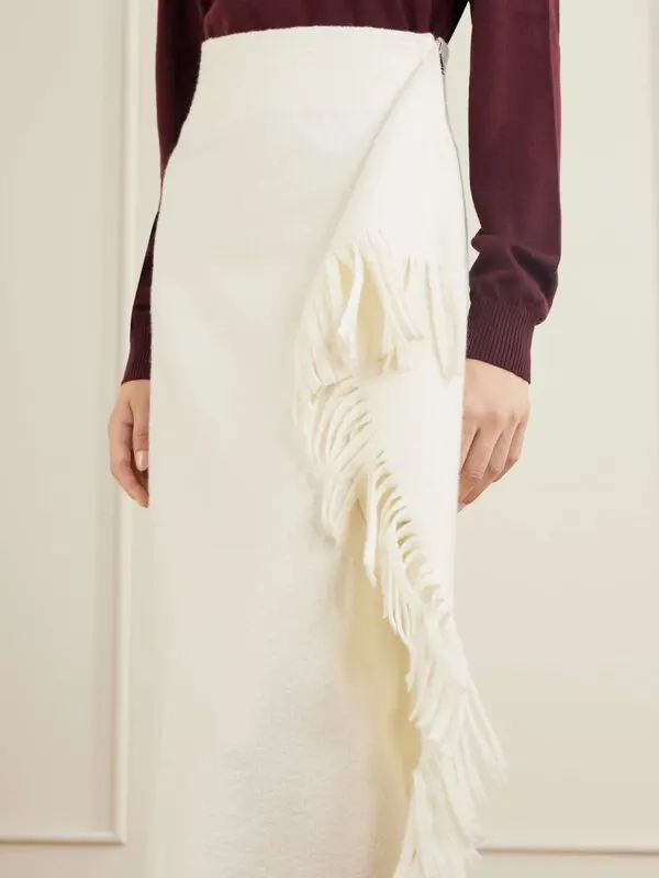 LANVIN Fringed Wool-blend Midi Skirt - Cream