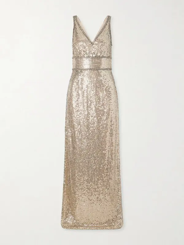Jenny Packham Odina Crystal-embellished Sequin Tulle Gown - Neutrals