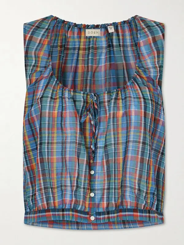 DÔEN Gathered Checked Organic Cotton-voile Top - Blue