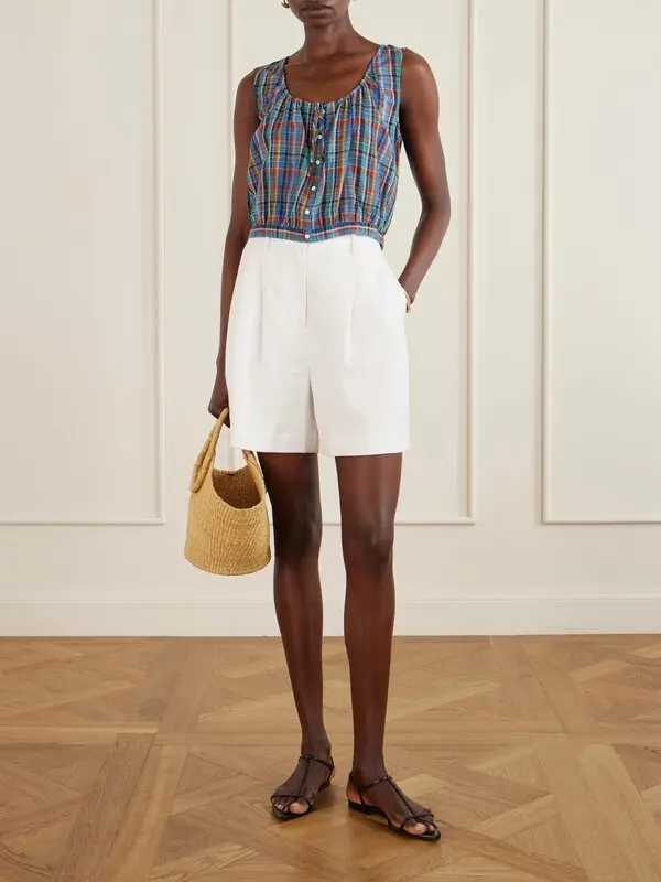 DÔEN Gathered Checked Organic Cotton-voile Top - Blue