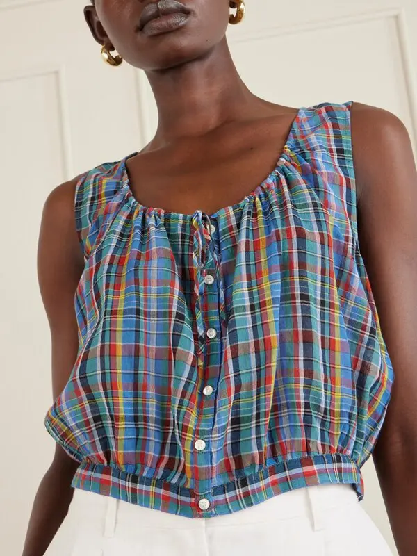 DÔEN Gathered Checked Organic Cotton-voile Top - Blue