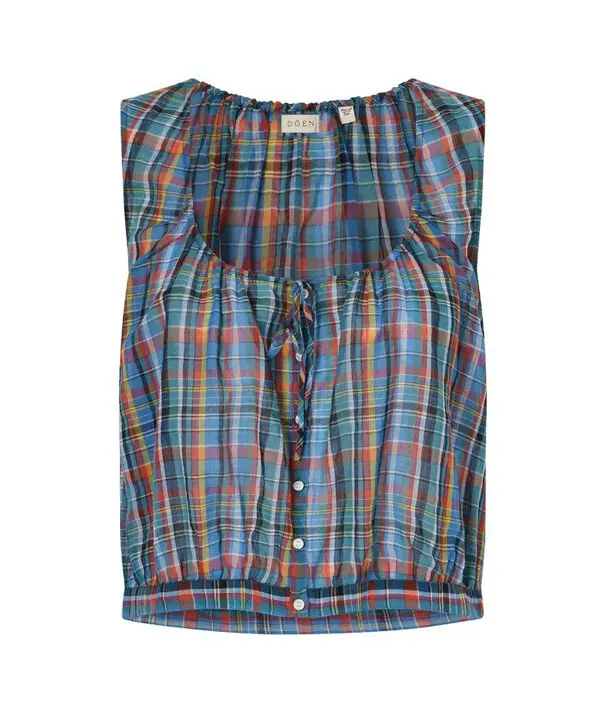 DÔEN Gathered Checked Organic Cotton-voile Top - Blue