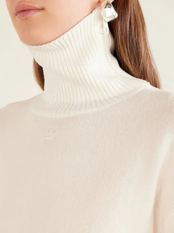 COURREGES Logo Embroidered Ribbed Knit Wool Sweater