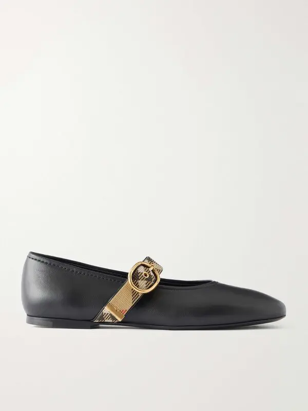 Burberry Check-trimmed Leather Mary Jane Ballet Flats