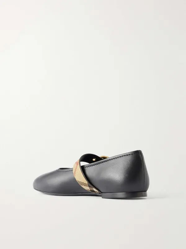 Burberry Check-trimmed Leather Mary Jane Ballet Flats