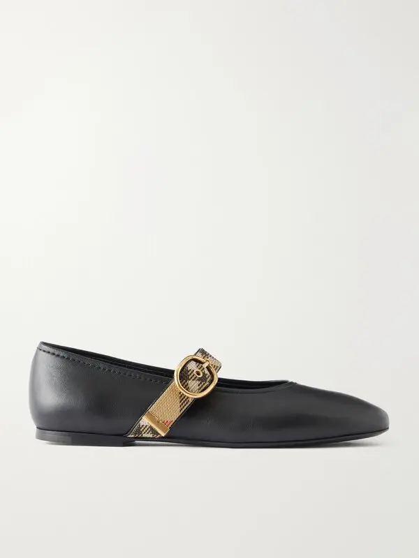 Burberry Leather Mary Jane Ballet Flats With Checked Strap - Black