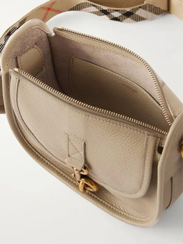 Burberry Leather Shoulder Bag With Checked Strap - Neutrals