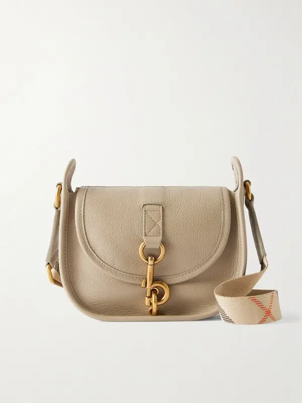 Burberry Leather Shoulder Bag With Checked Strap - Neutrals