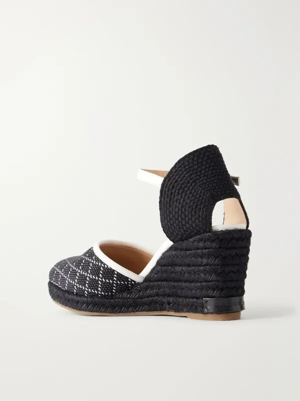 Manolo Blahnik Espadrahi 90 Leather-trimmed Woven Canvas Espadrille Wedge Pumps - Black