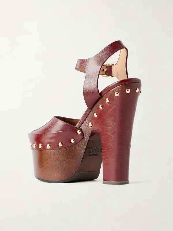 Chloé Meret Leather Platform Sandals With Gold-tone Studs - Burgundy