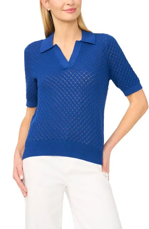 Halogen Pointelle Short Sleeve Cotton Polo Sweater - Ocean Waves