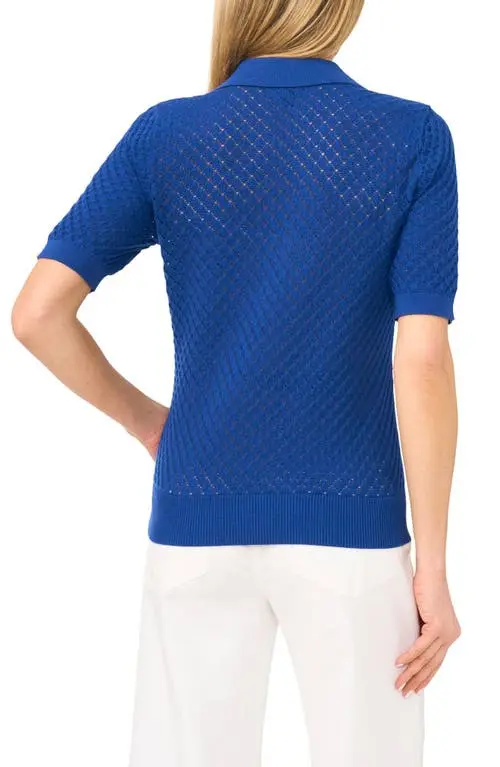 Halogen Pointelle Short Sleeve Cotton Polo Sweater - Ocean Waves