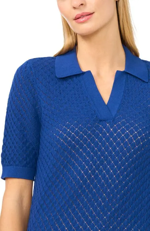 Halogen Pointelle Short Sleeve Cotton Polo Sweater - Ocean Waves