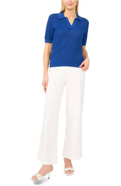 Halogen Pointelle Short Sleeve Cotton Polo Sweater - Ocean Waves