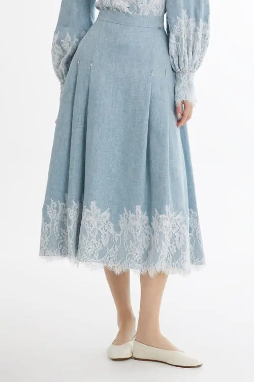GIZIA Lace Trim Linen Midi Skirt