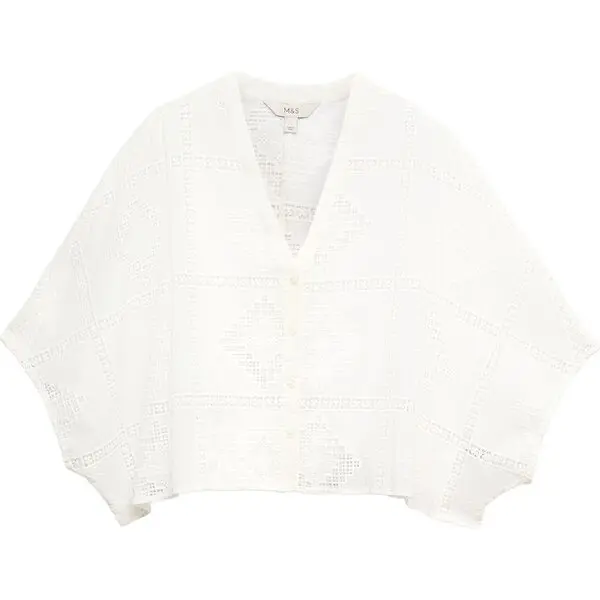 M&s Openwork Embroidered Button-up Kafta - Soft White