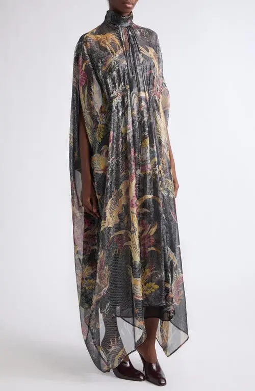 Etro Metallic Stripe Print Silk Chiffon Dress